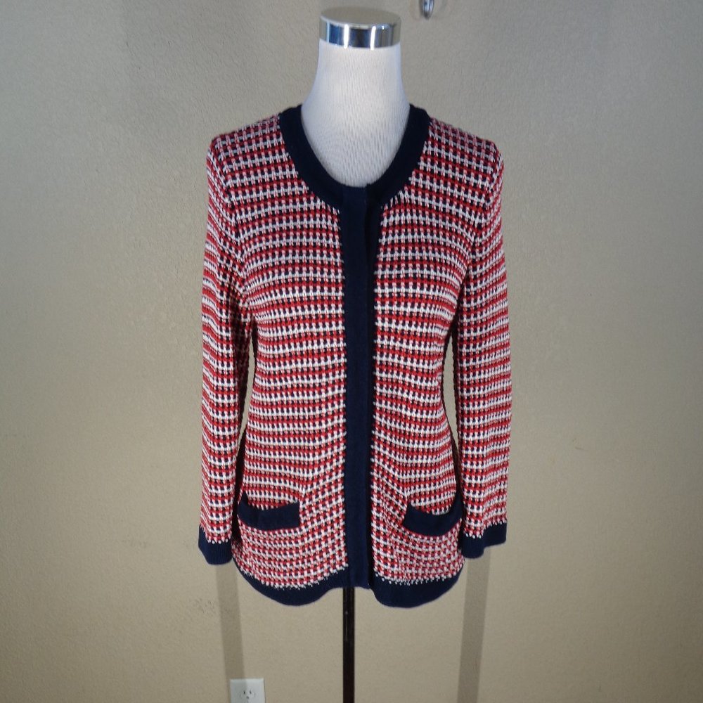 Talbots Red, White, And Navy Blue Knit Cardigan Sz 1xp - Gem